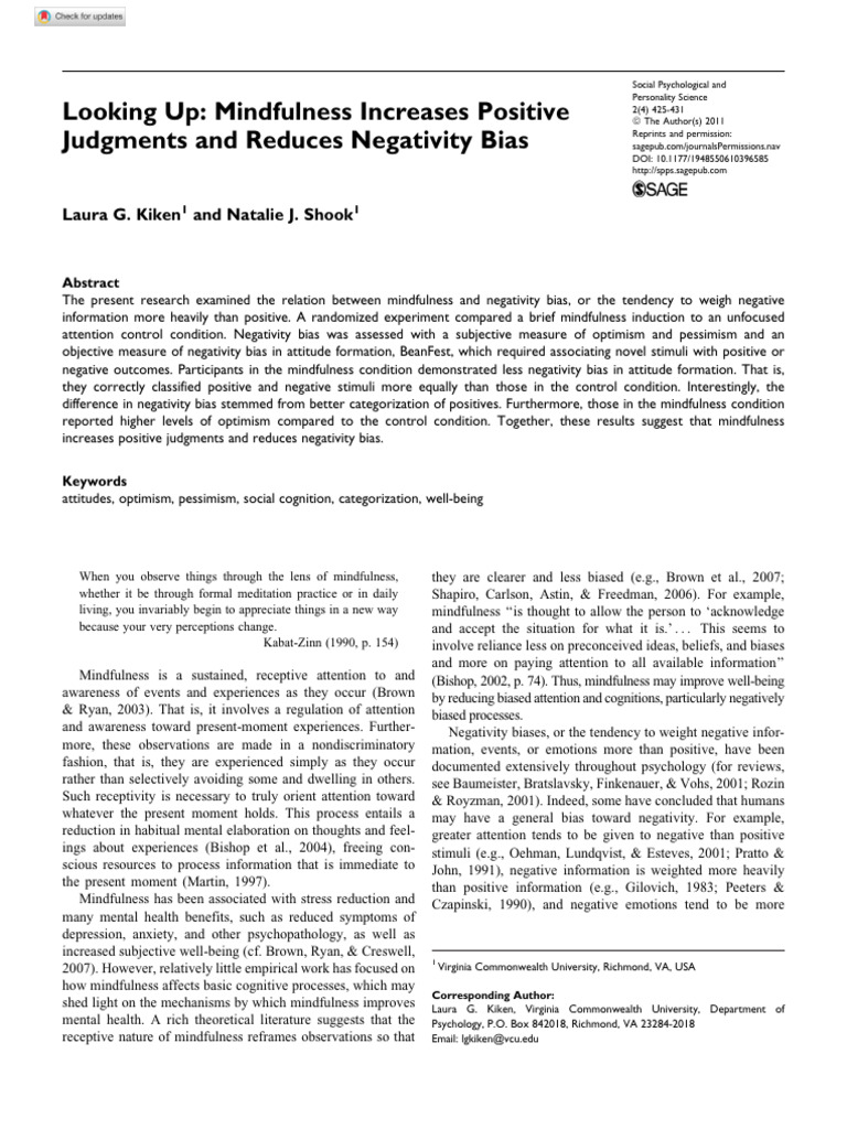 Kiken Shook 2011 Looking Up Mindfulness Increases Positive Judgments ...