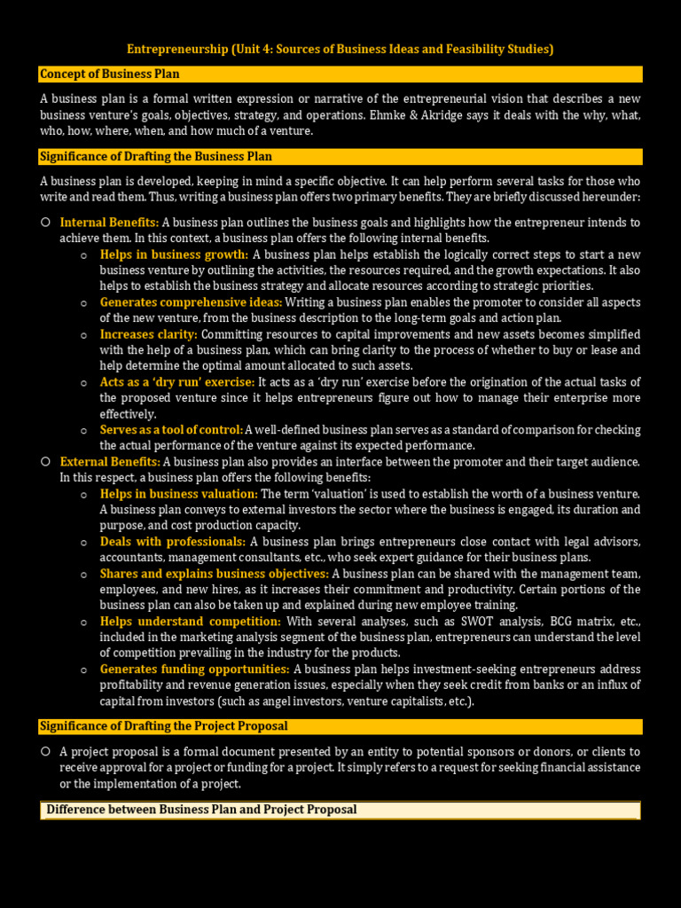 Entrepreneurship - Unit 4 (Sources of Business Ideas and Feasibility Studies) | PDF ...