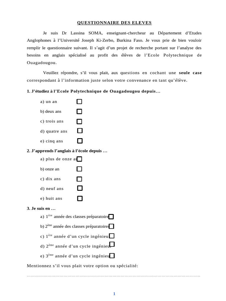 Questionnaire sur l'anglais à l'EPO | PDF
