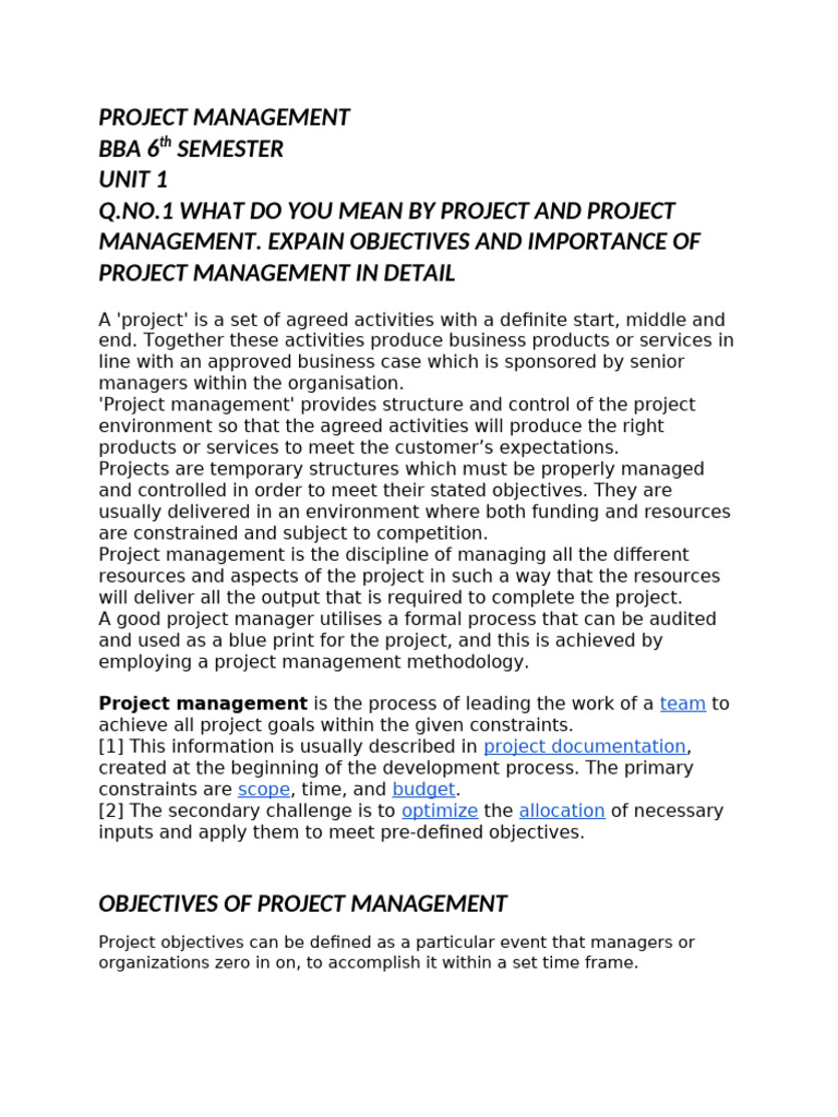 PROJECT MANAGEMENT Question Answers Unit 1 | PDF | Project Management ...