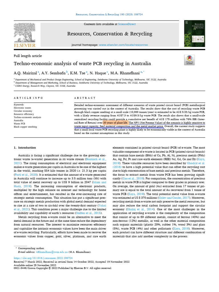 Techno-Economic Analysis of Waste PCB Recycling in Australia | PDF ...
