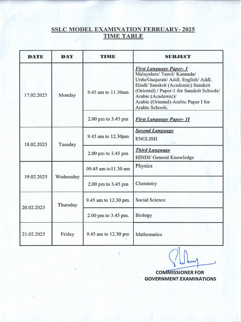 Hsslive - SSLC MODEL EXAM TIME TABLE 2025 | PDF