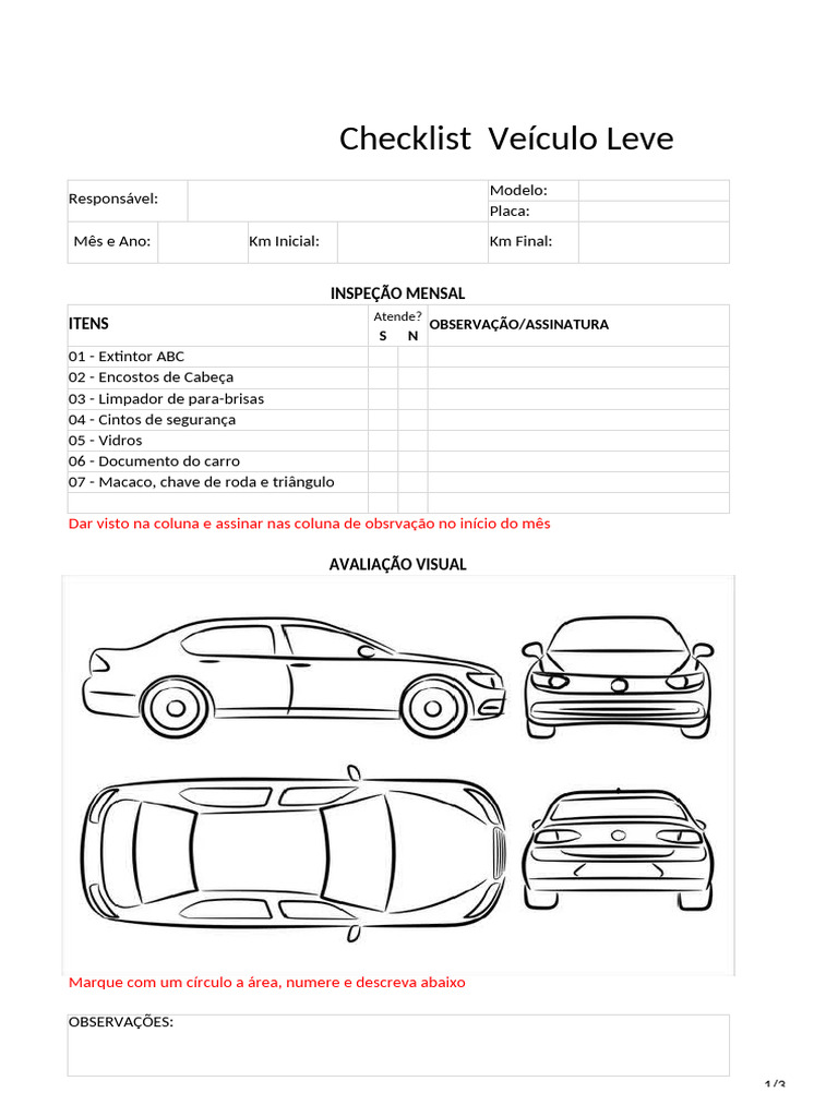 Checklist Mensal de Veículos Leves | PDF | Pneu | Veículo motorizado