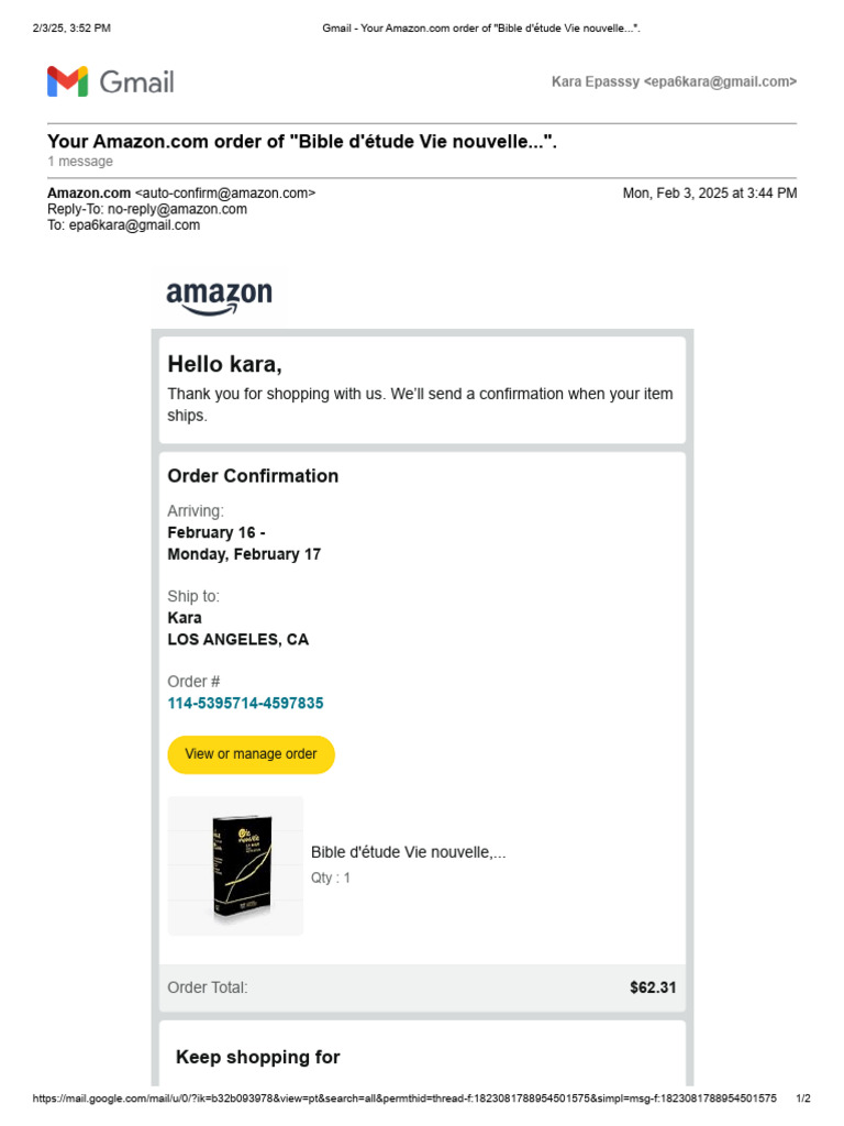 Amazon Order Confirmation: Bible d'étude | PDF | Taxes | Gmail