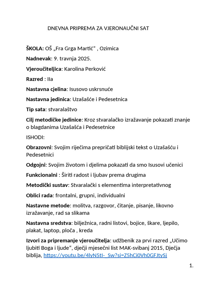 Dnevna Priprema Za Vjeronaučni Sat | PDF