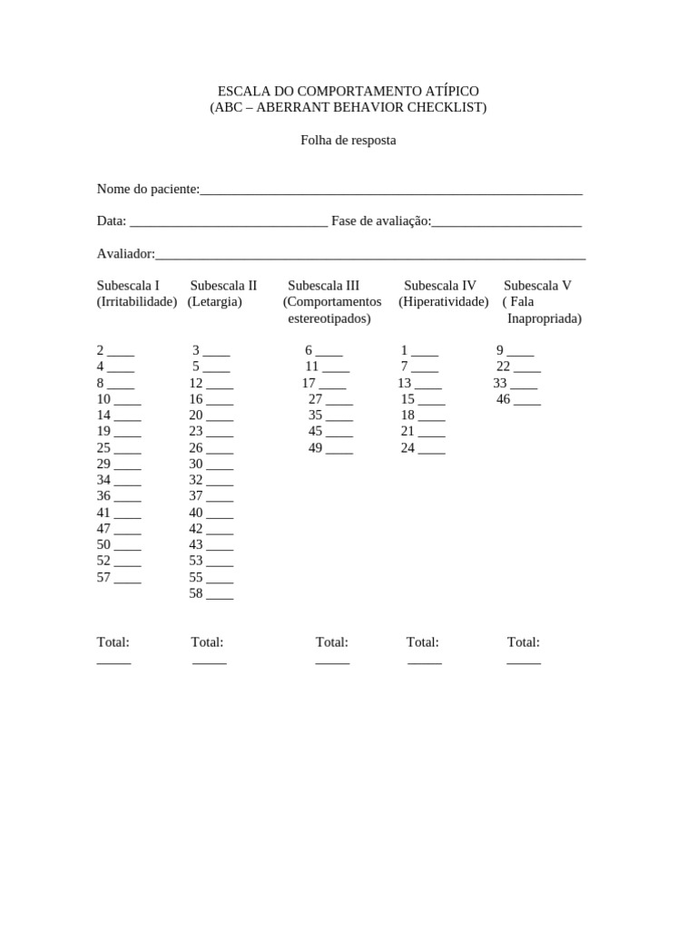 Autism Behavior Checklist - ABC. Folha de Resposta | PDF