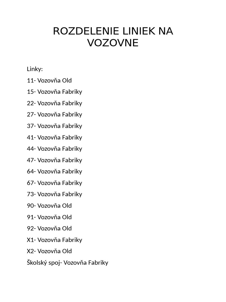 Rozdelenie Liniek Na Vozovne | PDF