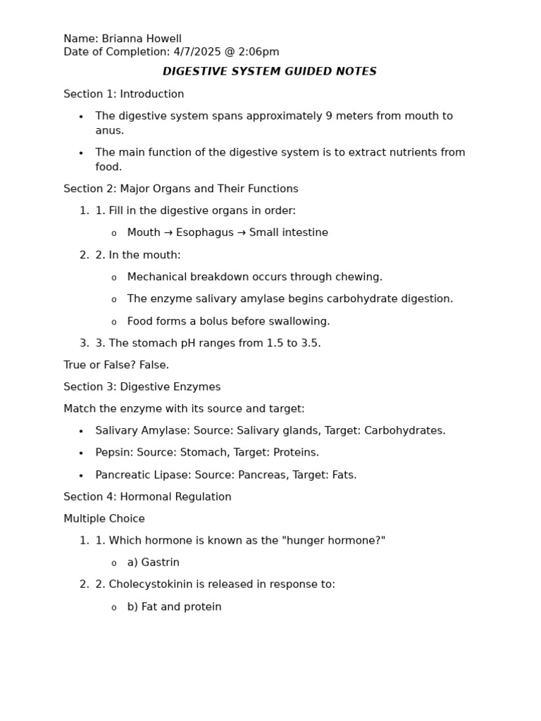 Brianna Digestive System Guided Notes | PDF