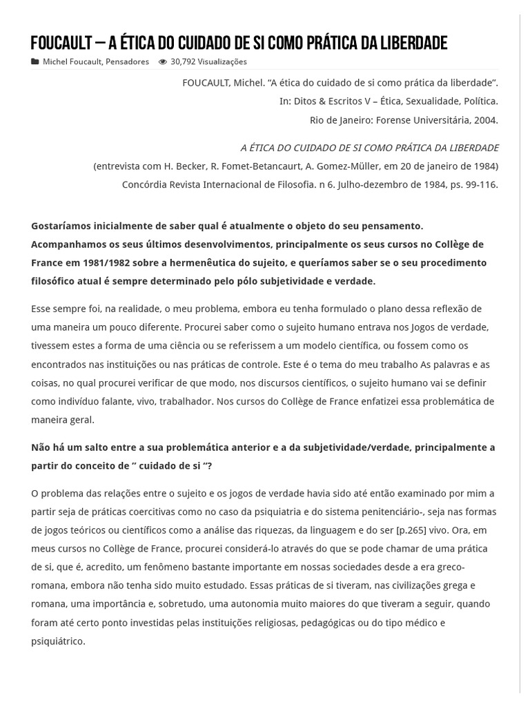 Ética do Cuidado de Si em Foucault | PDF | Liberdade | Poder (social e ...