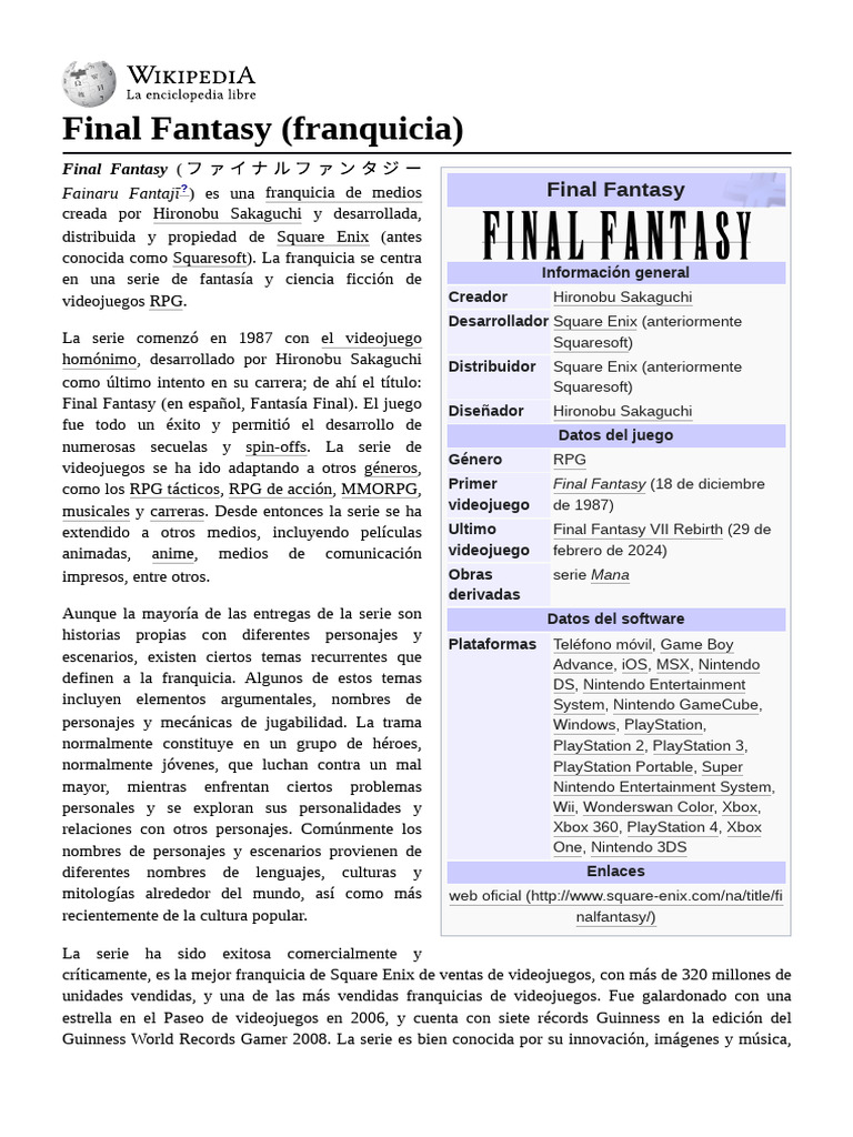 Historia y Evolución de Final Fantasy | PDF | Fantasía Final | Juego de ...