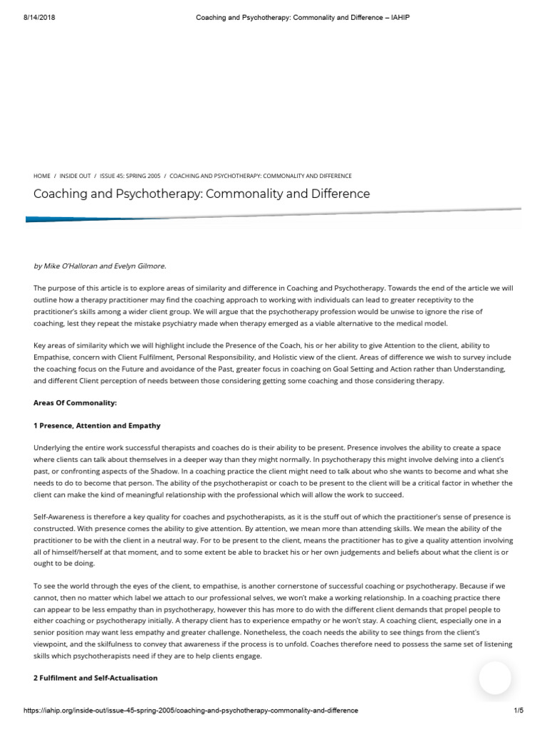 Coaching and Psychotherapy - Commonality and Difference - IAHIP | PDF ...