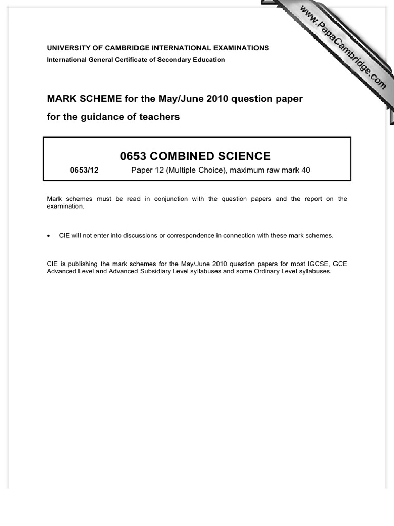 0653 Combined Science: MARK SCHEME For The May/June 2010 Question Paper ...