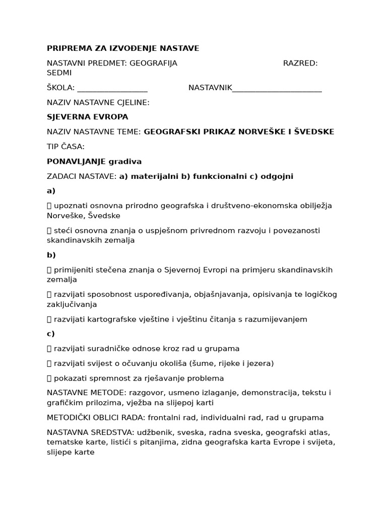 Priprema Za Izvođenje Nastave | PDF