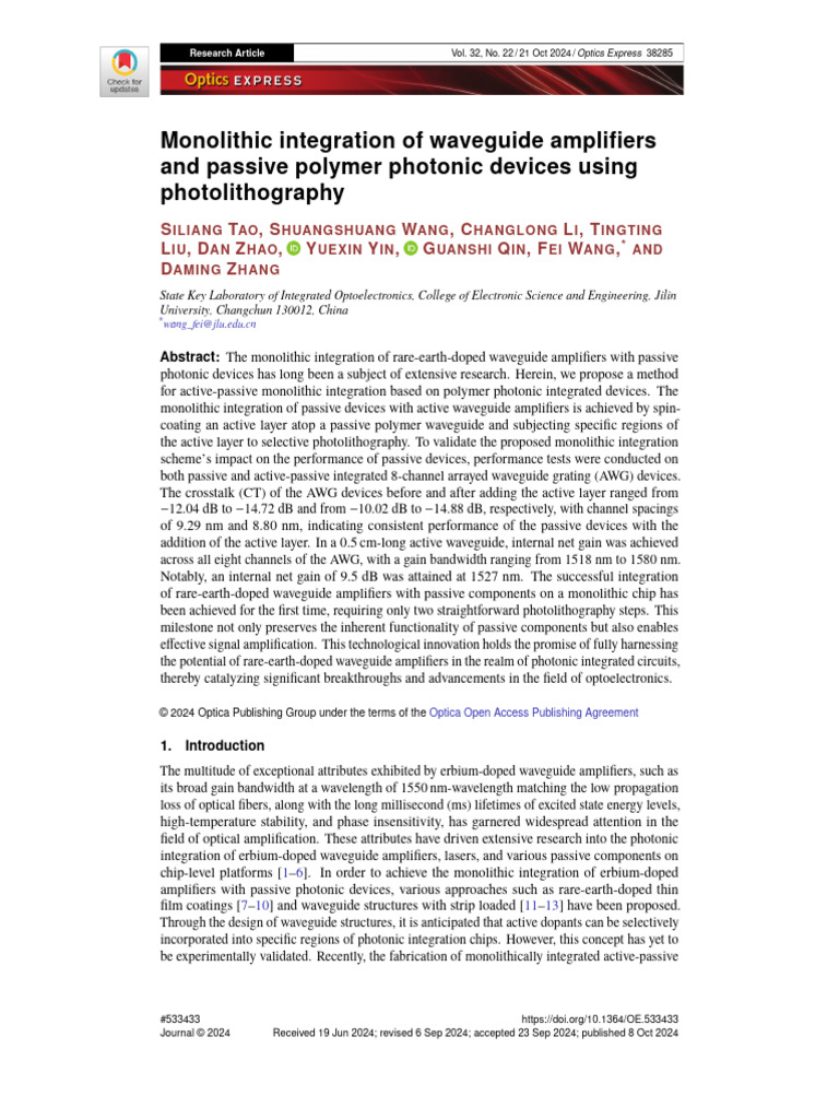 Monolithic Integration of Waveguide Amplifiers and Passive Polymer ...