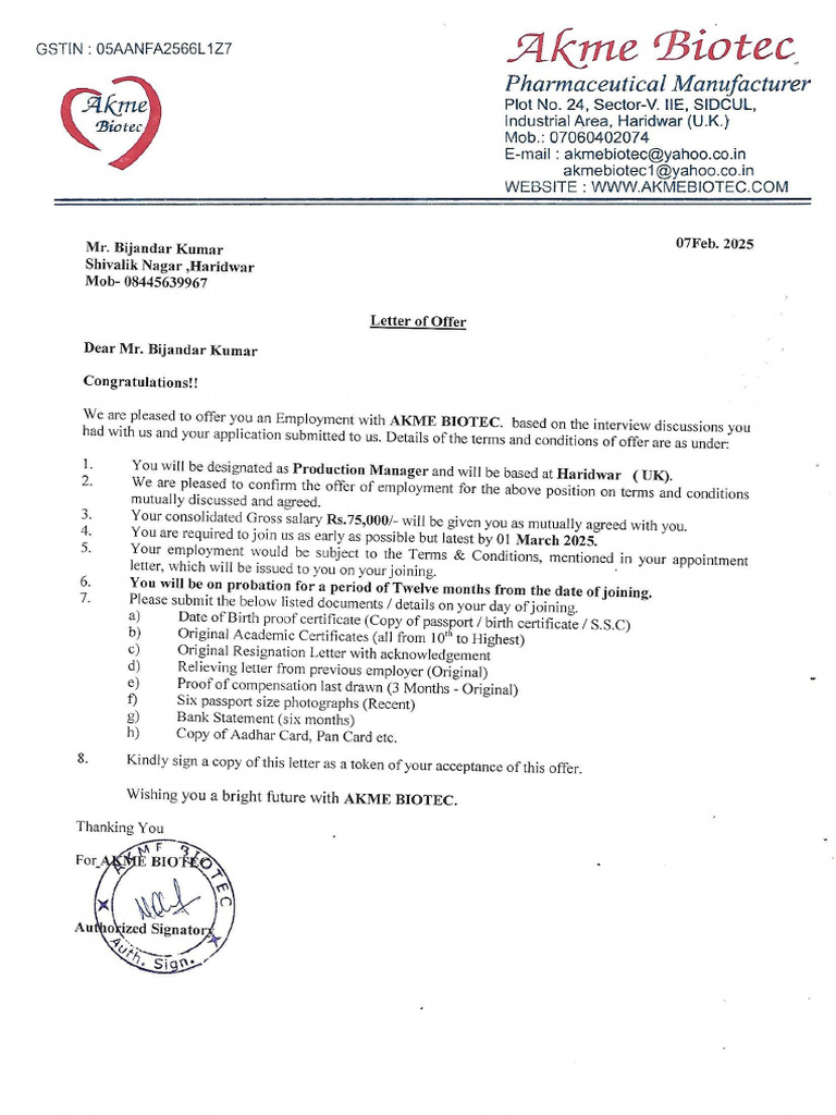 Offer Letter-Bijandar Kumar | PDF