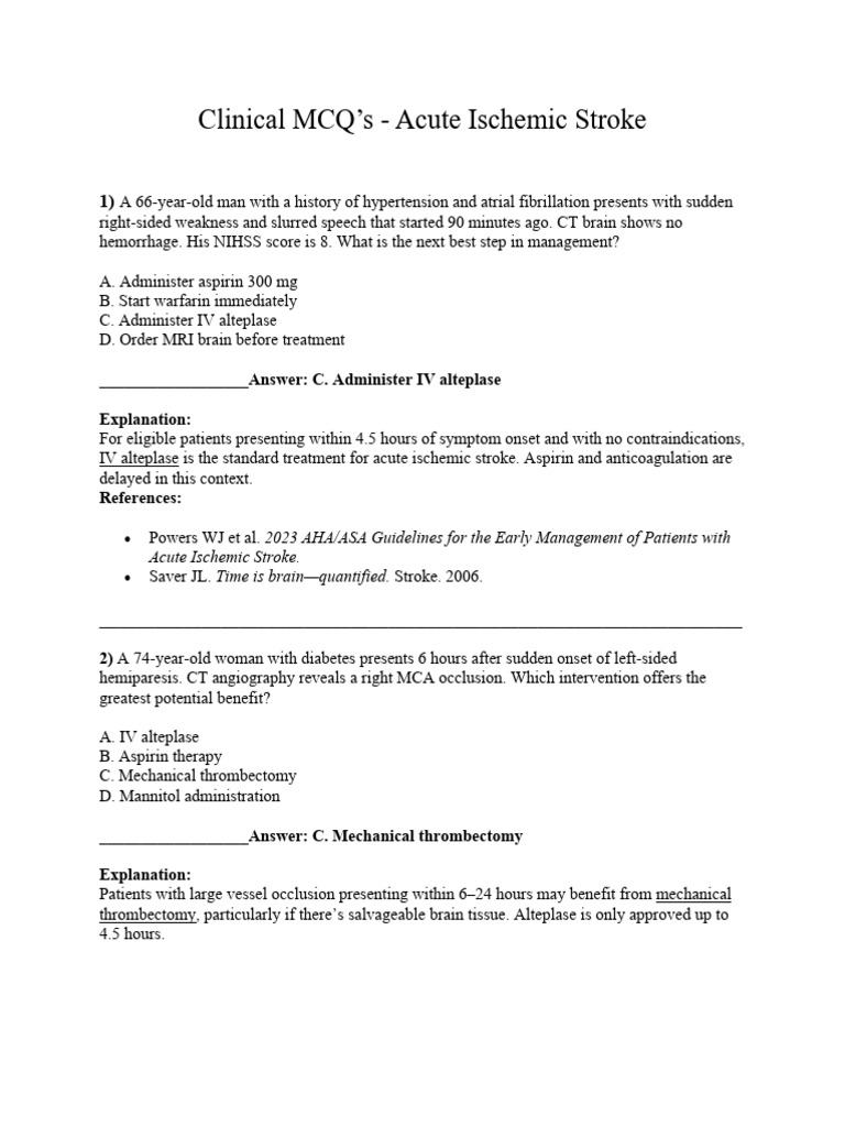 Clinical_MCQ_-_Acute_Ischemic_Stroke[1] | PDF | Stroke | Vascular Diseases
