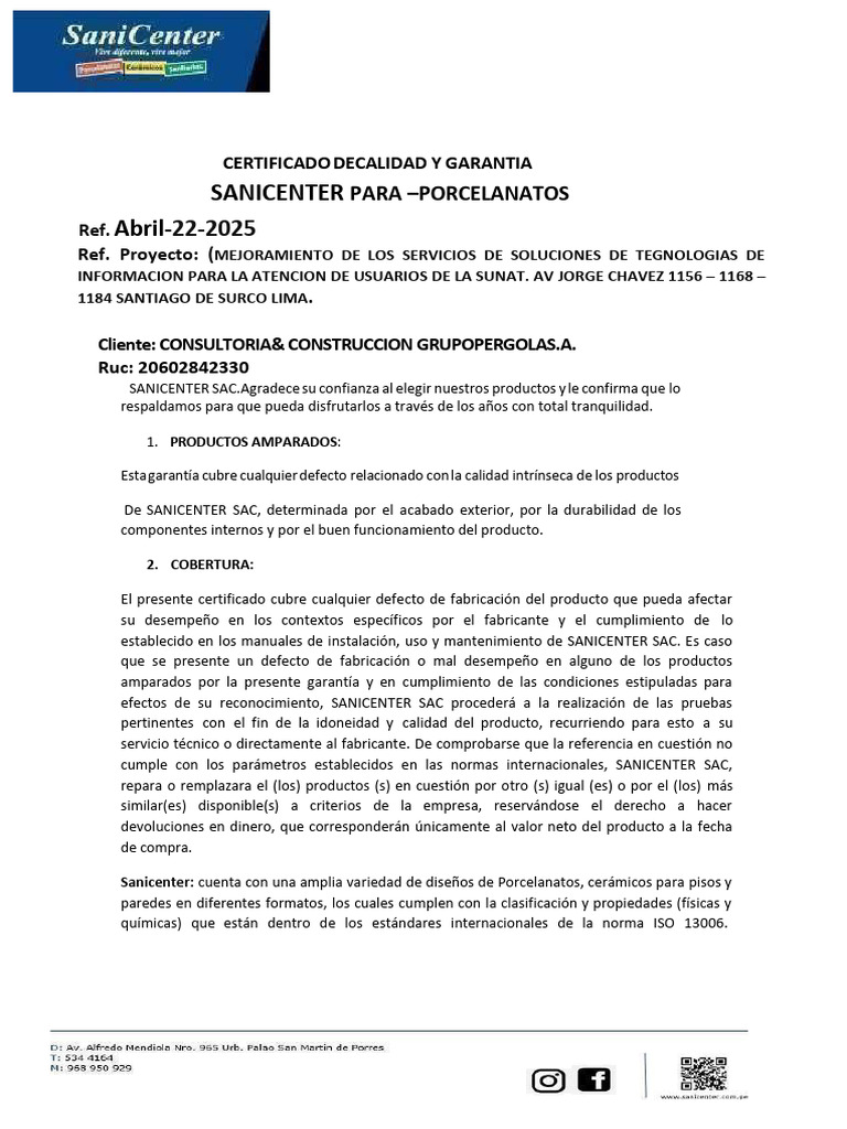 Certificado Calidad y Garantia Factura 748 | PDF