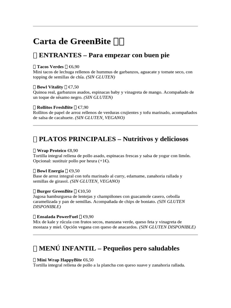 Carta de GreenBite ? | PDF | ensalada | Cocina