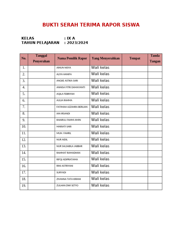 Bukti Serah Terima Rapor Siswa | PDF