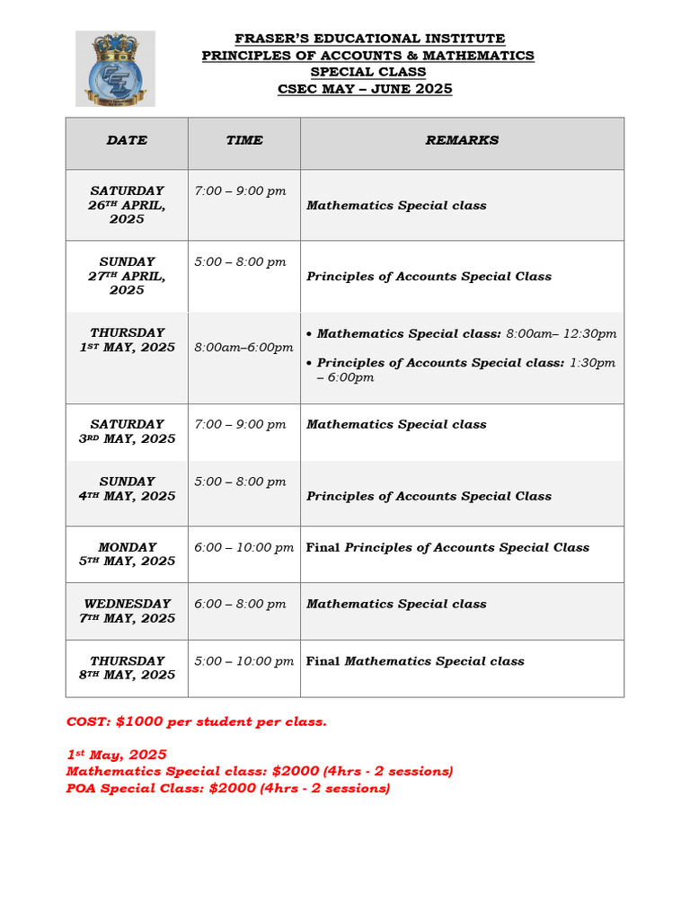 CSEC 2025 Special Classes Schedule | PDF