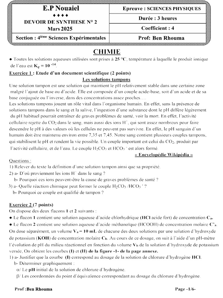 Devoir de Synthèse N°2 - Sciences Physiques - BAC SC (2024-2025) MR Ben Rhouma Zouhaier | PDF