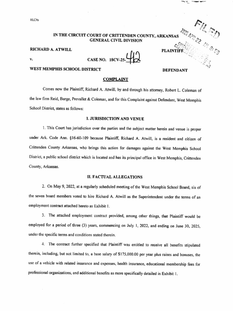 Richard Atwill V West Memphis School District | PDF
