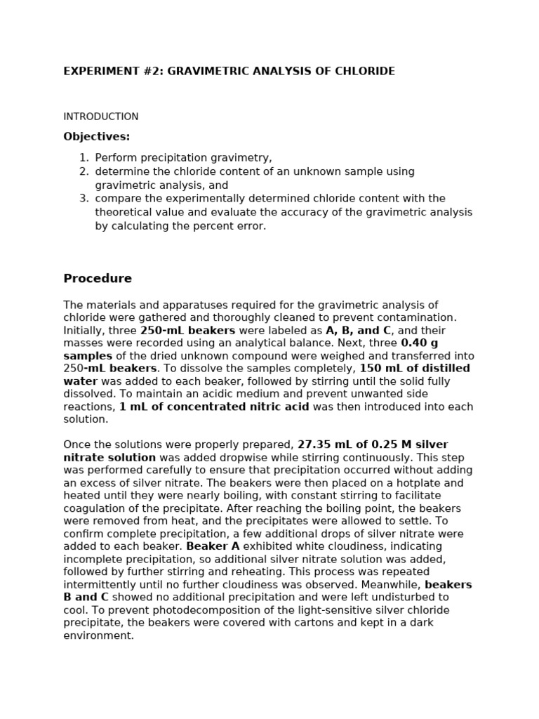 Gravimetric Analysis of Chloride Content | PDF | Chemical Substances ...