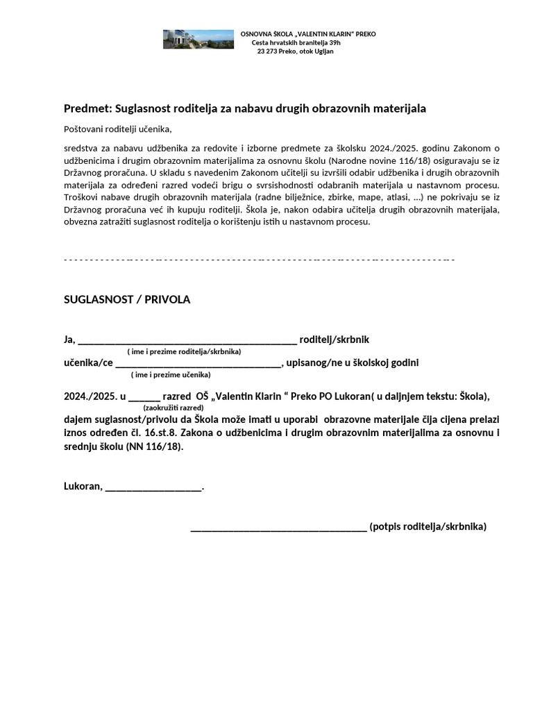 Suglasnost Za Druge Obrazovne Materijale | PDF