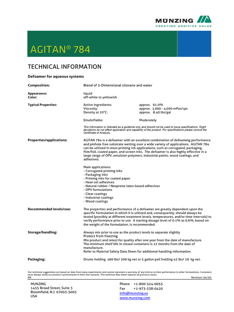 AGITAN 784 Defoamer Technical Data | PDF | Adhesive | Coating