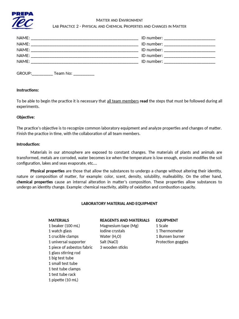 Lab 1 - Properties and Changes | PDF | Chemical Substances | Glasses