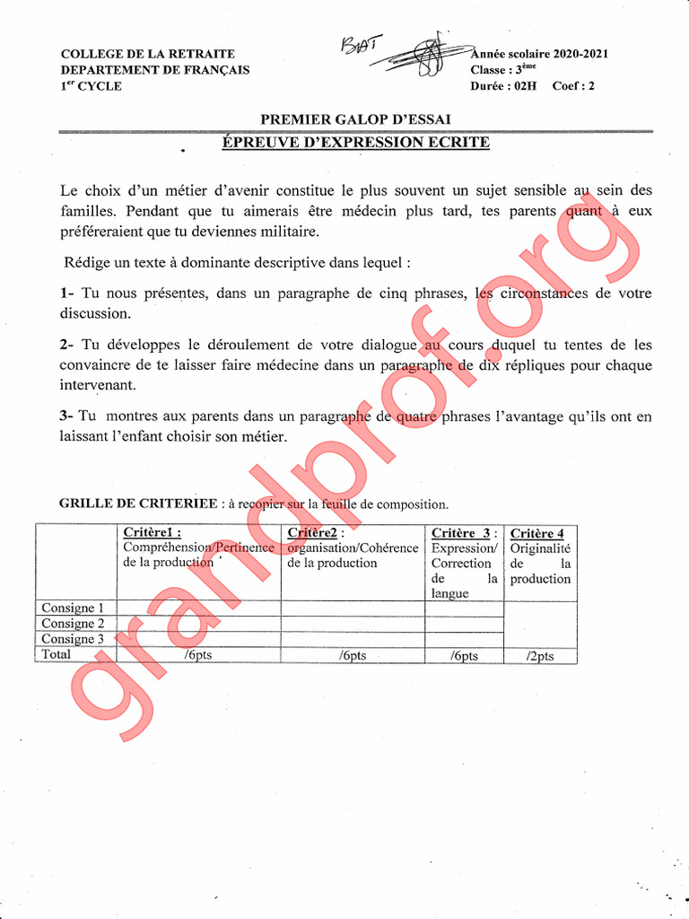 Expression Ecrite 3eme BEPC Blanc College Retraite 2021 | PDF