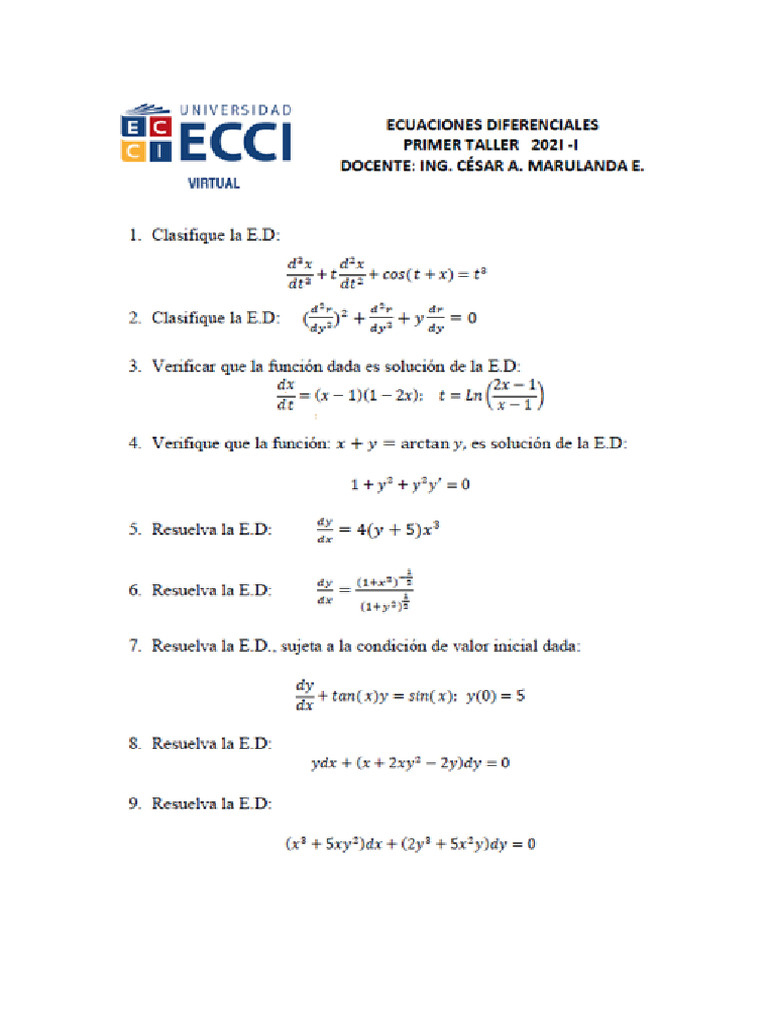 PRIMER TALLER DE EC. DIF. 2025-1 | PDF
