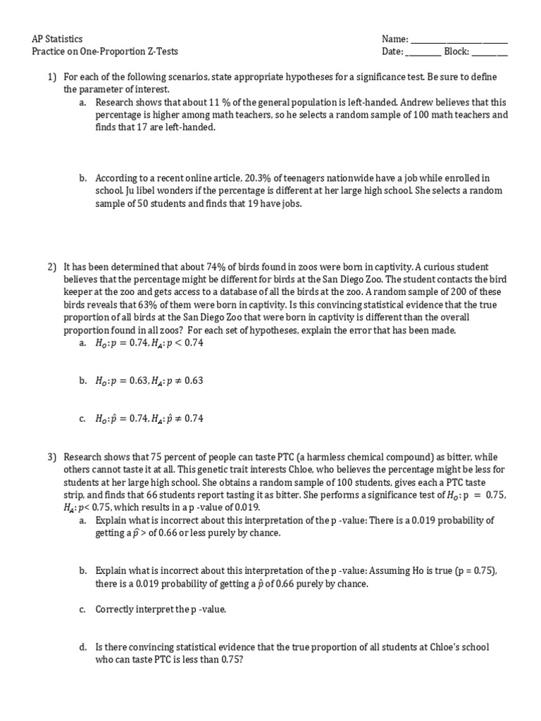 AP Stats Practice (One-Prop Z-Tests) | PDF | Sampling (Statistics ...