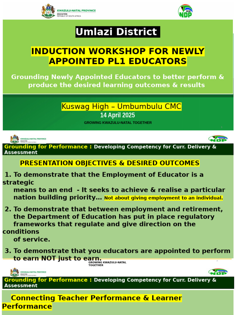 Umlazi District, Induction Workshop for Newly Appointed Pl1 Educators, Presentation on ...