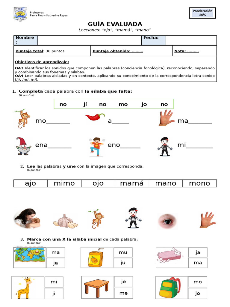 Guía Evaluada Ojo, Mamá, Mano | PDF