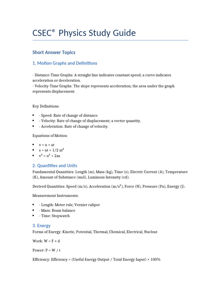 CSEC Physics Study Guide | PDF | Temperature | Acceleration
