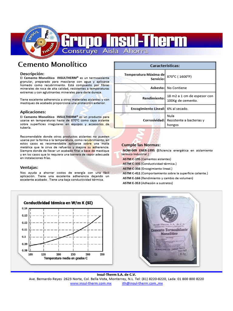 Cemento Monolítico INSULTHERM® | PDF | Aislamiento térmico | Materiales