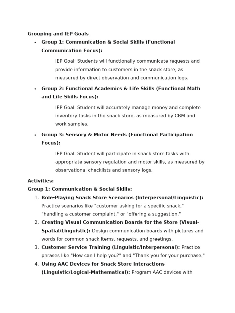 IEP Goals for Snack Store Skills | PDF | Communication | Linguistics