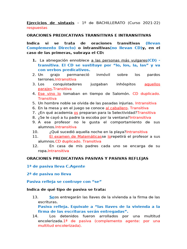Respuestas A Los Ejercicios de Sintaxis-1º BAT Respuestas | PDF | Verbo | Sintaxis
