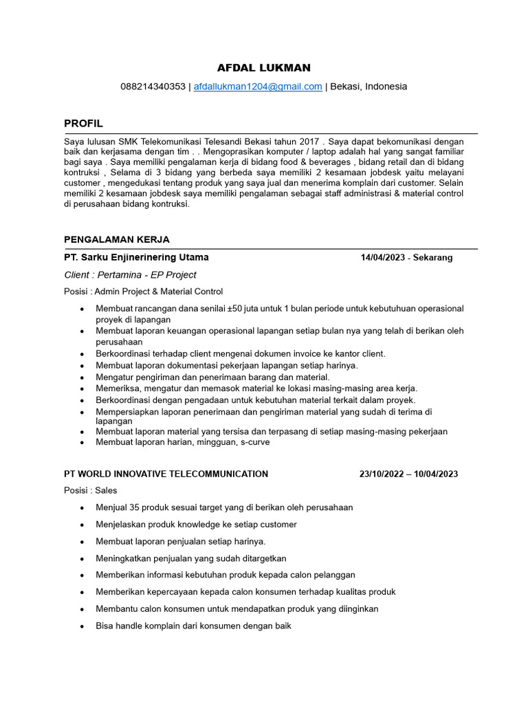 Cv . Afdal Lukman | PDF