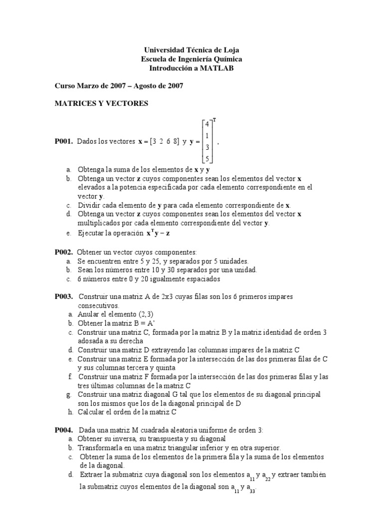 Ejercicios Vectores y Matrices | PDF | Matriz (Matemáticas) | Ecuaciones
