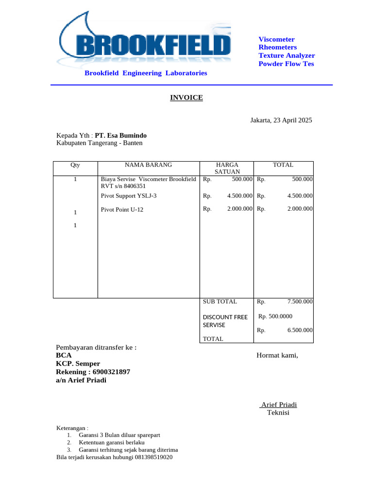Invoice Servis Viscometer Brookfield | PDF