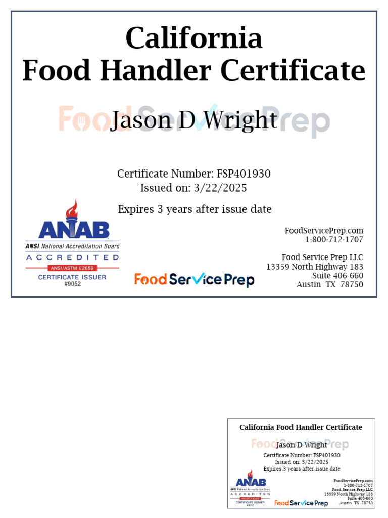 California Food Handler Certificate | PDF