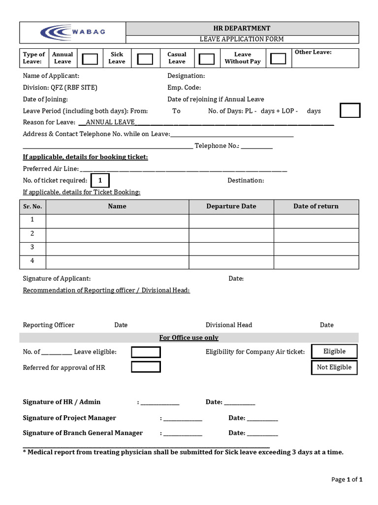 Leave Application Form - WABAG | PDF