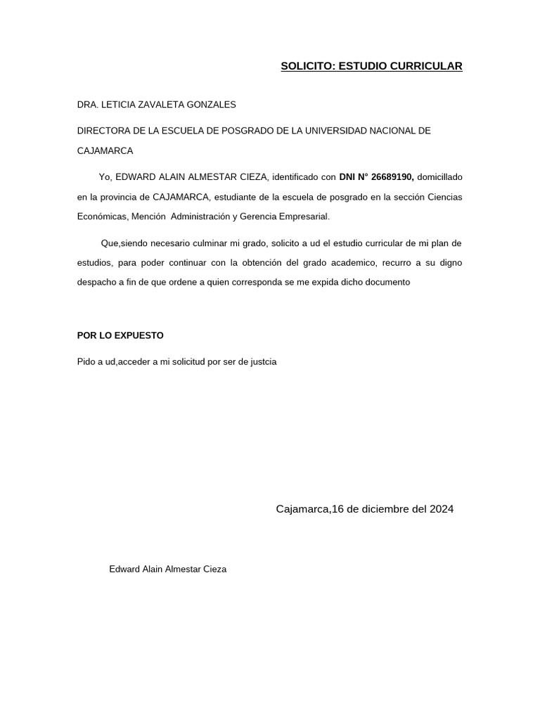 Solicito Estudio Curricular Alain | PDF