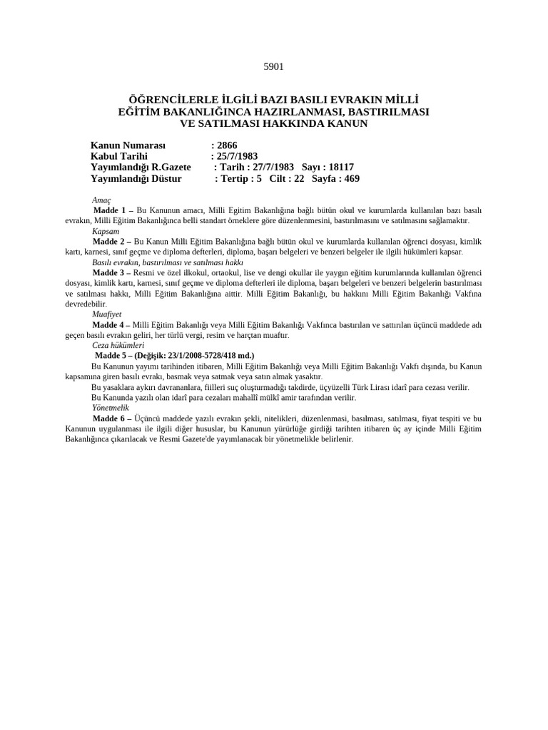 2866 Öğrencilerle İlgili Basılı Evrak MEB HK Kanun 1983! | PDF
