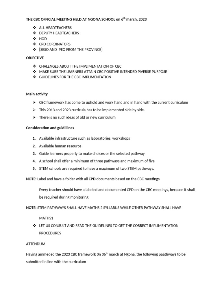 CBC Implementation Meeting Summary 2023 | PDF | Curriculum | Learning