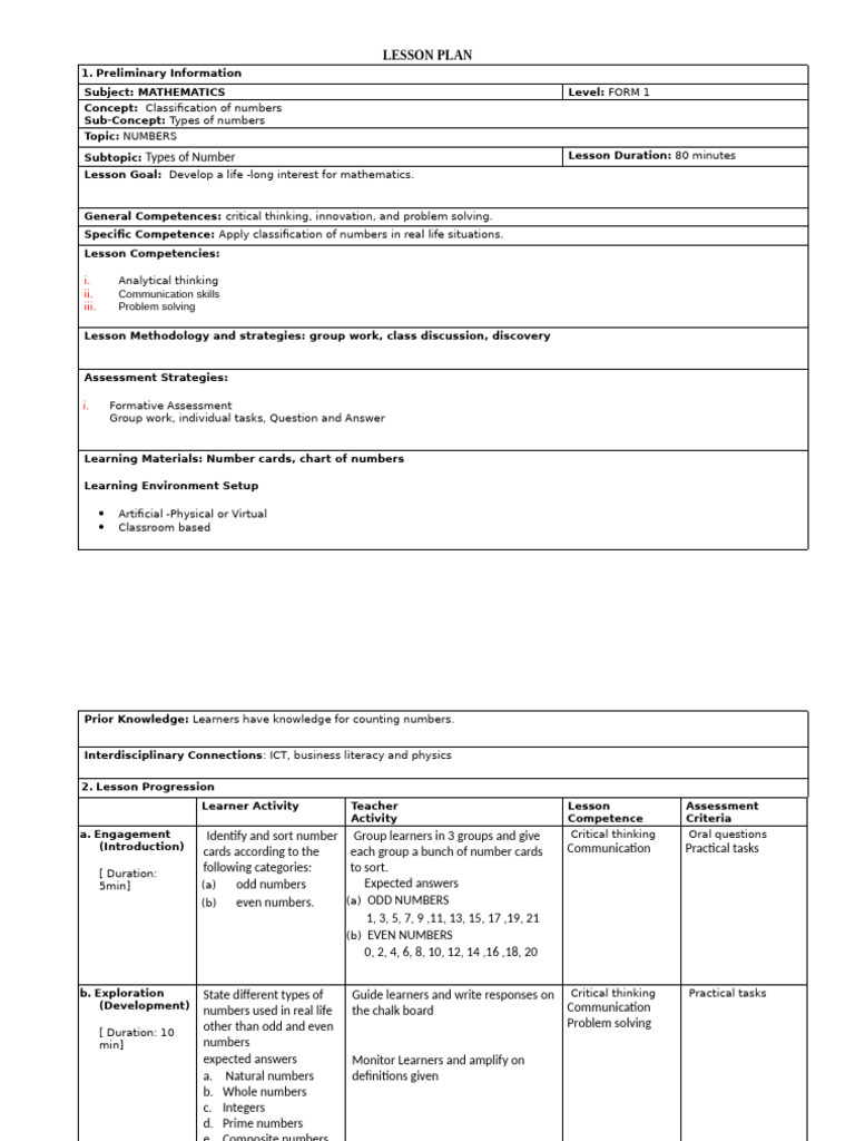 Types of Numbers Lesson Plan | PDF | Numbers | Prime Number