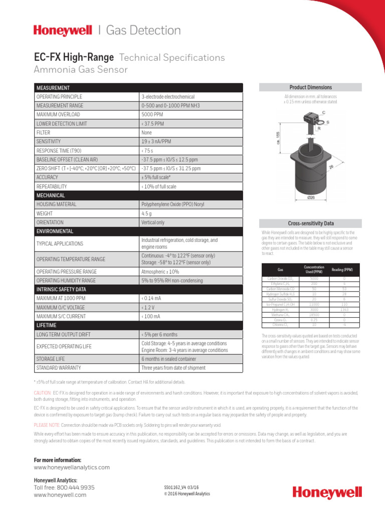 Ss01162en Ecfx High Range Sensor Spec Sheet | PDF | Ammonia