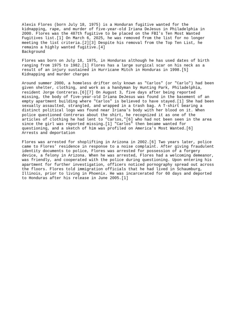 Alexis Flores: Wanted Fugitive Profile | PDF